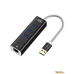 USB to Ethernet Adapter, CableCreation 3-Port USB 3.0 Hub, USB 3.0 Ethernet Adapter RJ45 10/100/1000 Mbps Gigabit Compatible with Windows PC, Laptop, MacBook Pro, USB Flash Drives etc, Aluminum Black