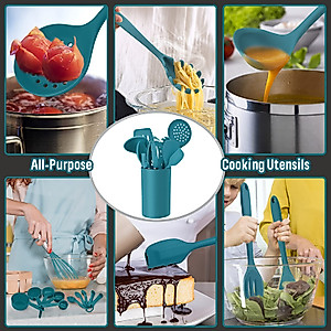 Silicone Kitchen Utensils Set, E-far 23 Pcs Blue Cooking Utensils Tools with Holder for Nonstick Cookware, Include Spatula/Spoon/Ladle/Tongs/Turner, Heat Resistant & Nontoxic, Dishwasher Safe