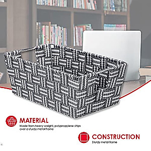 Home Basics Stripe Woven Strap Storage Bin | Various Black | Blue | Brown | Grey | Great for Storage | Metal Frame | Lightweight with Handles | Sturdy Construction (Grey, Small)