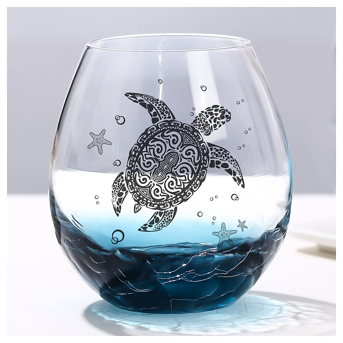 Mothers Day Gift for Women-Sea Turtle Wine Glasses - 13.3 oz Crackle Teal Design, Hand blown Tortoise Wine Tumbler,Sea Turtle Gifts for Women