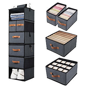 BinWhiz 12.6x12.6x44.1 Inch Hanging Closet Organizer and Storage Shelves, 6-Tier Shelf Clothes Organizers Bins with Drawers and Hooks for Closet Wardrobe Organization and Storage - Gray