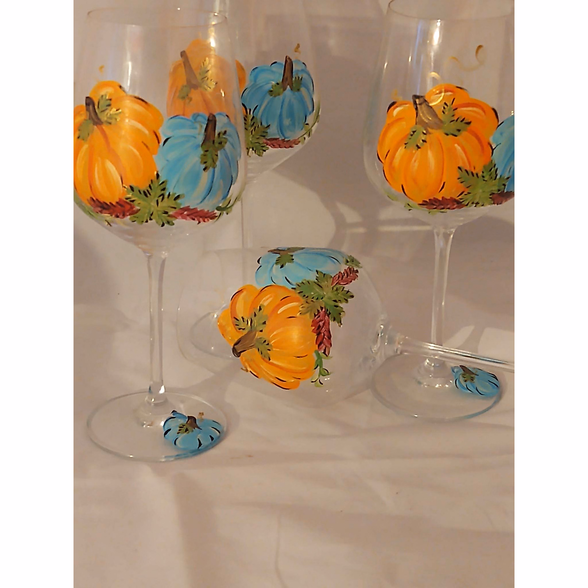 Hand painted autumn pumpkins goblets. set of 4 20 ounce white wine gobblets. usa