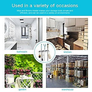 CasaVibe Wall mounted broom and mop holder, no-punch self-adhesive stainless steel heavy duty broom holder for kitchen, garden, laundry and garage (3 racks 4 hooks)