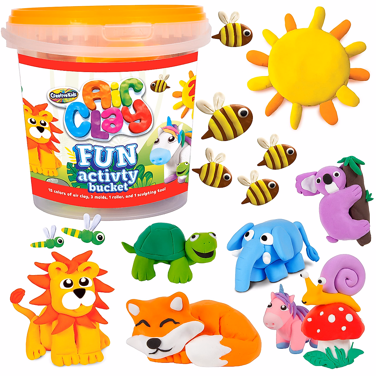 Air Clay Fun Activity Bucket - 15 Vibrant Colors and 5 Modeling Tools - Air Dry Clay for Kids - Soft Molding Clay for Kids - DIY Sculpting Art Craft Supplies Kits Gift - Magic Clay for Kids Ages 6+
