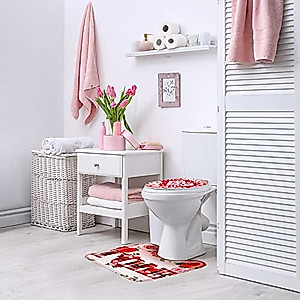 4 Pieces Happy Valentine's Day Shower Curtain Set with Non Slip Rugs Toilet Lid Cover Bath Mat U Shaped Mat Bathroom Gnomes Curtain with 12 Hooks Red Truck Waterproof Shower Curtain Valentines Decor