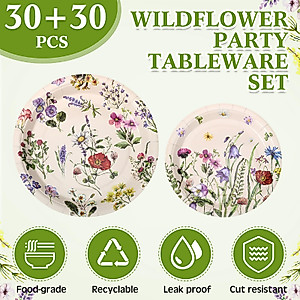 Pickmesh 60 Pcs Wildflower Paper Plates 9 in and 7 in Wild Floral Dinner Plates Watercolor Floral Dessert Plates Wildflower Party Plates for Garden Tea Party Wedding Birthday Baby Shower Bridal Shower