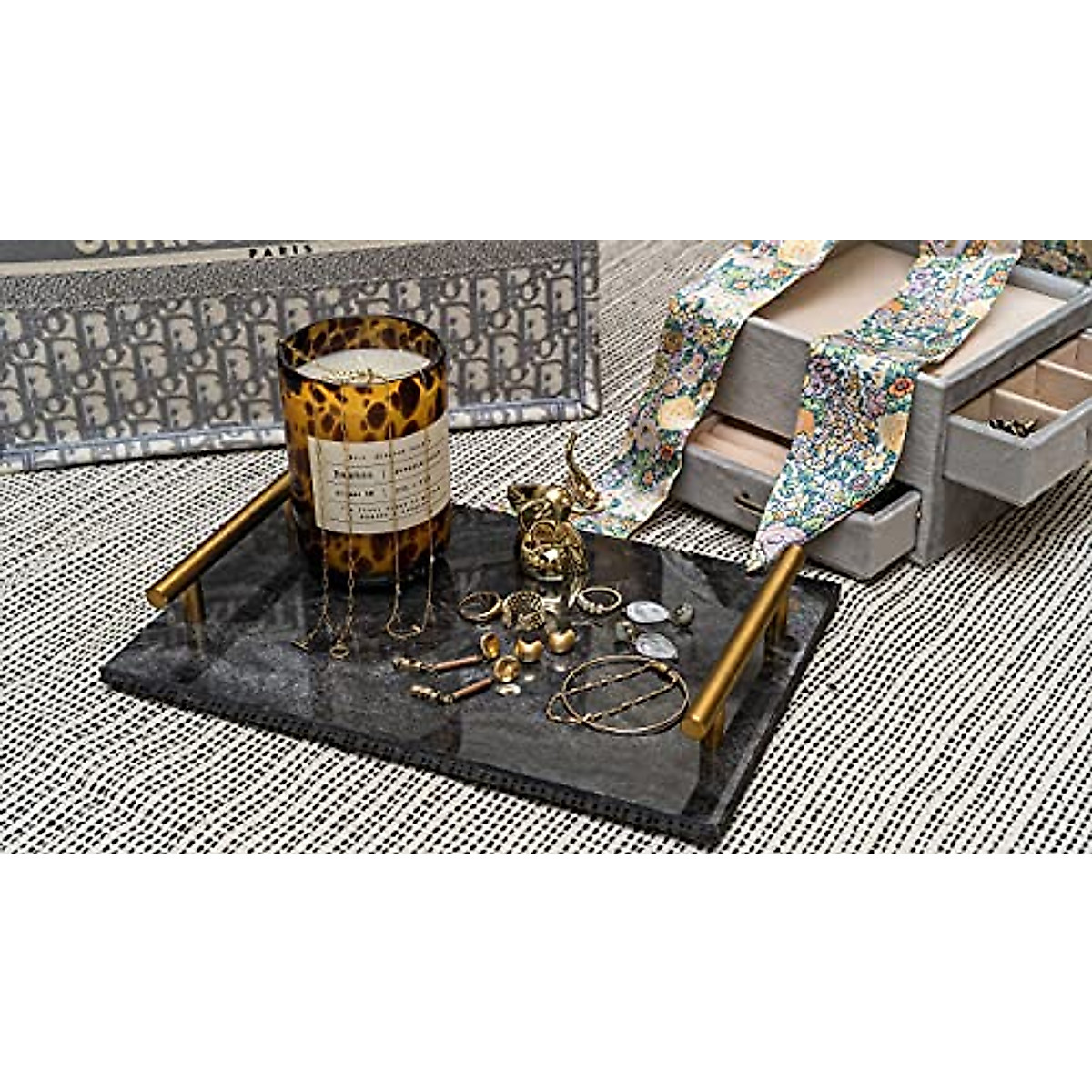 Star Dust x White Mist Natural Marble Vanity Tray with Gold Handles/Accents, Decorative Tray for Perfume Accessories, Countertop Decor for Bathroom & Kitchen; Pastry, Tapas & Dessert Serving Trays