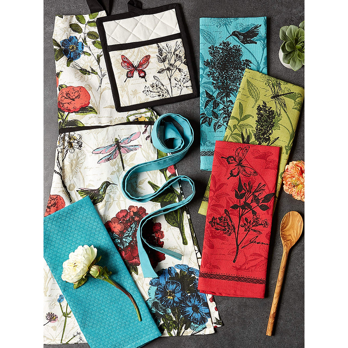 DII Botanical Print Tabletop Collection, Dishtowels, 18x28, Botanical Flowers 3 Piece