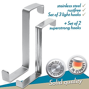 4smile Over The Door Hooks, 3 + 2 Pack - Stainless Steel Door Hanger with Foam + Adhesive Pads - Z-Shaped Metal Door Hooks for Hanging on Different Door Widths, Rust Free