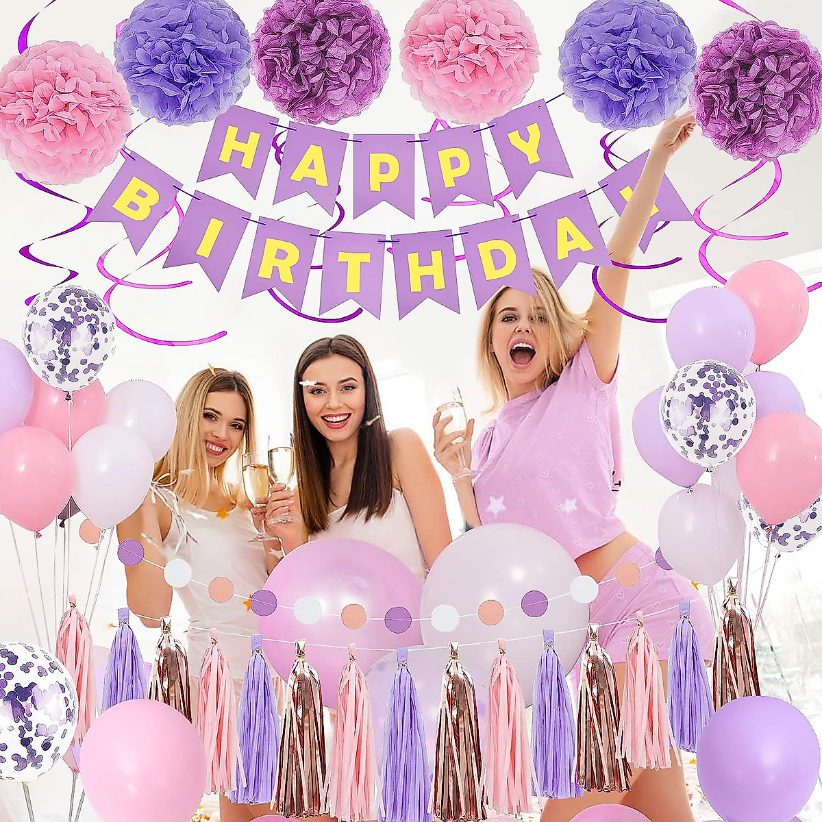 Purple Pink Birthday Party Decorations for Women Girls with Happy Birthday Banner,Hanging Swirls,Tissue Paper Pompoms,Circle Dots Garland,Tassel Garland Purple Birthday Balloons (Purple)