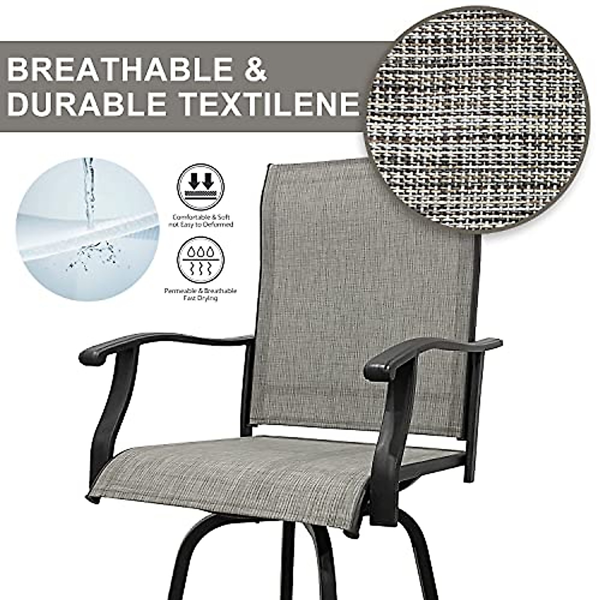 BENAROME Outdoor Swivel Bar Stool Set, High Patio Bar Chairs, All Weather Furniture Breathable Textilene for Bistro Lawn Backyard (4, Gray)
