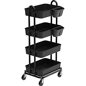 Simple Houseware 4-Tier Multifunctional Rolling Utility Cart with Hanging Buckets, Black