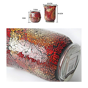 Two-piece Orange Red Mosaic Glass Tea Light Candle Holder Ball and Wind Lantern Shape Votive Candleholder Romantic Handmade Gifts Christmas Candlestick Holders Home Decor Wedding Party Table Decor
