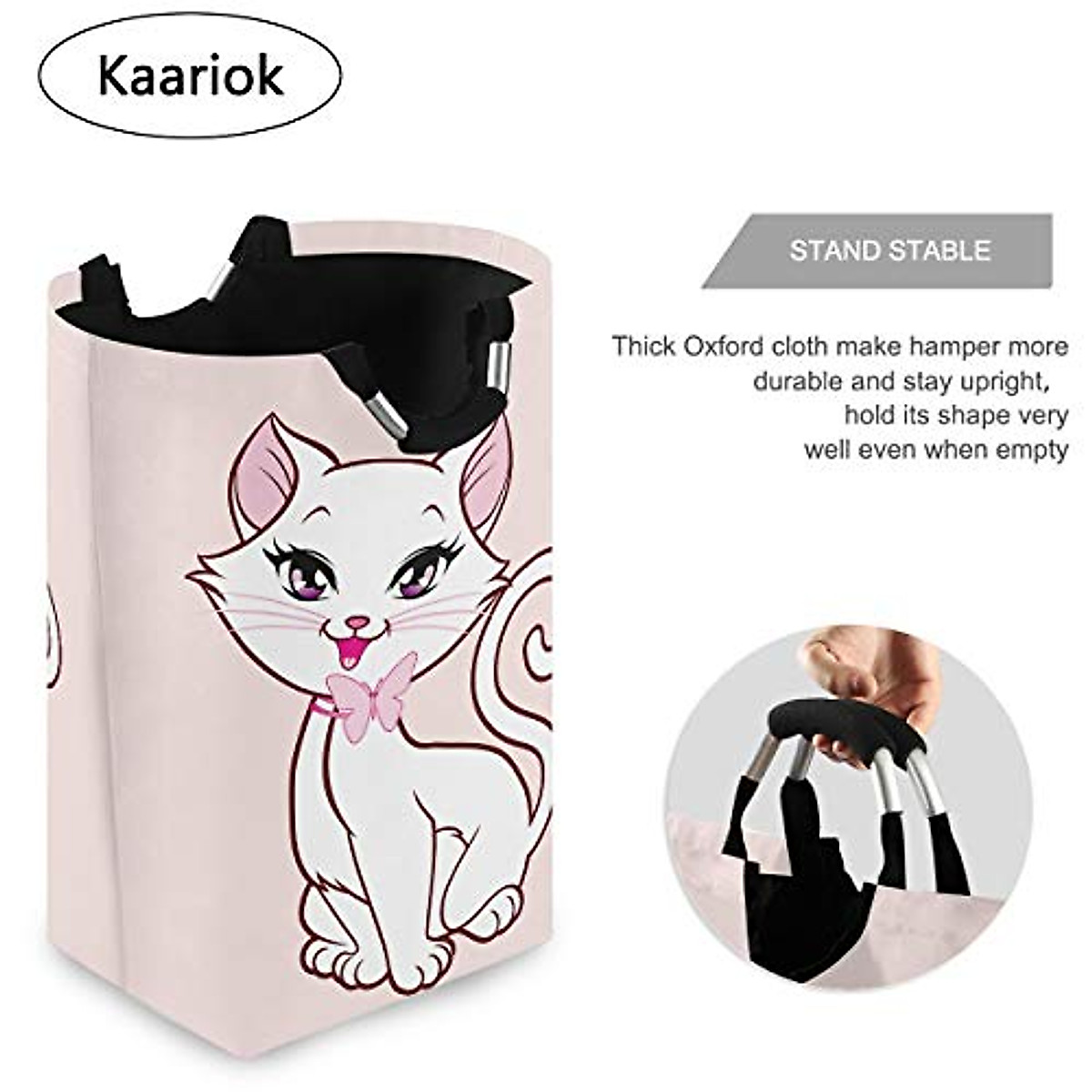 Kaariok Pink Cute Cat Kitten Animal Laundry Hamper with Handles Waterproof Collapsible Storage Basket Large Dirty Clothes Bin for Laundry Room, 22.7 Inches