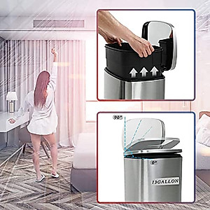 Hkeli Kitchen Trash 13 Gallon Brushed Stainless Steel Step Garbage Can with Soft Slow Lid Pedal Trash Can High Capacity 50 Liter Waste Bin for Bathroom Bedroom Home Office