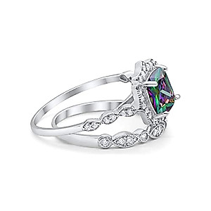Blue Apple Co. Two Piece Art Deco Wedding Engagement Ring Band Cushion Simulated Rainbow Cubic Zirconia 925 Sterling Silver Size-8