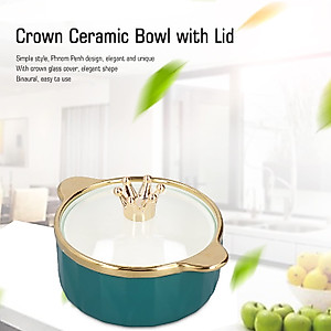 Milltrip Ceramic Bowl, Binaural Bowls Large Capacity Crown Ceramic Bowl with Lid and Phnom Penh Handle for Soup Rice Salad Instant Noodle(Green)