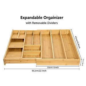 Oyydecor Bamboo Kitchen Drawer Organizer-Expandable Silverware Organizer for Utensil Holder, Cutlery Tray with 2 Removable Drawer Dividers, Adjustable for Kitchen Utensils and Flatware Organizer