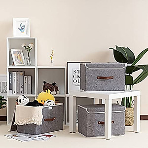 Yawinhe Collapsible Storage Boxes 1 Pack, Linen Fabric Storage Baskets Washable, with Lids and Leather Handle, for Home Bedroom Closet Office, (Grey, 15.0x9.8x9.8in), USNK024GL-1