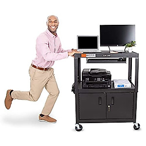 Line Leader Large AV Cart with Locking Cabinet | Height Adjustable Utility Cart | Includes Pullout Keyboard Tray & Cord Management | Easy Assembly (32in x 18in x 42in / Black)