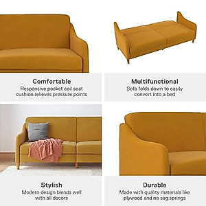 DHP Jasper 77 Inch Futon Sofa Bed, Modern Upholstered Couch Sleeper with Sloped Arms, Mustard