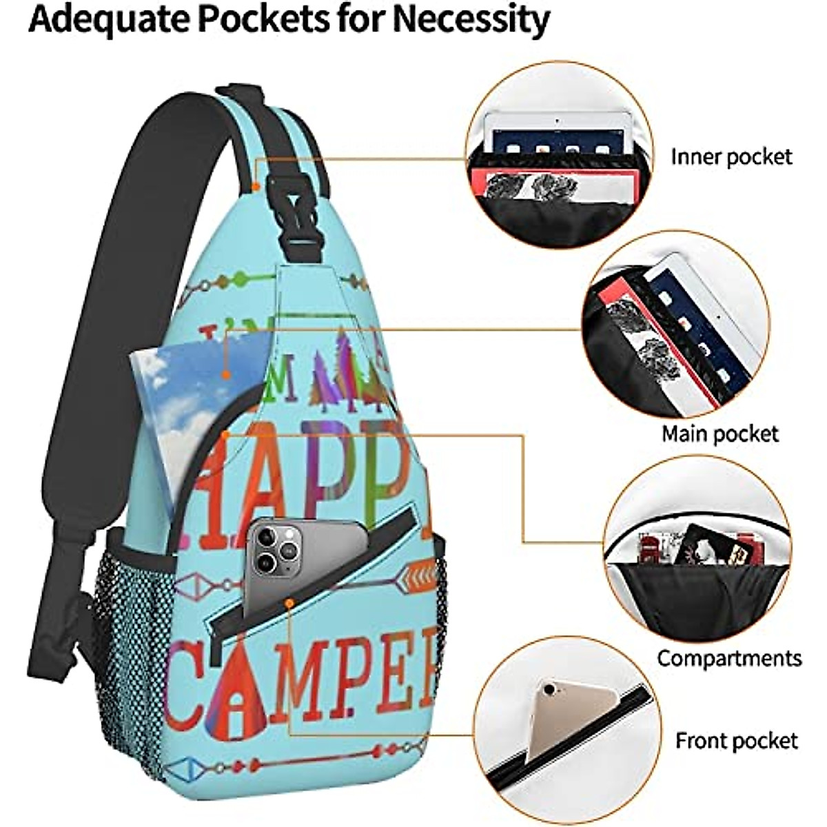 Stylish Chest Sling Bag Camping Mountain Happy Camper Sky Blue,Crossbody Shoulder Backpack Adjustable Chest Bag Lightweight Casual Daypack for Men Women Outdoor Sports Biking Climbing Shopping