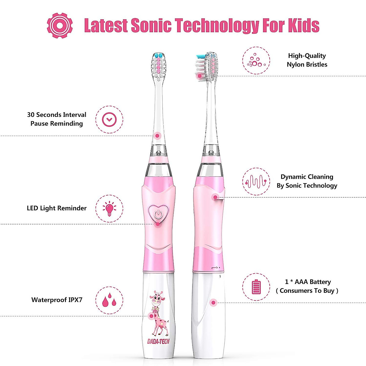 DADA-TECH Kids Electric Toothbrush, Soft Battery Tooth Brush with Timer (Pink+ Blue)