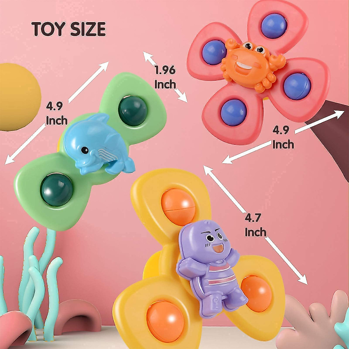 Chylldem Spinning Top Toys with New Upgrade Suction Cup for 6+ Month Boys and Girls, Baby Rattle Toy Set and Gifts for Babies, Crab, Turtle, Dolphin - 3 Count (Pack of 1)