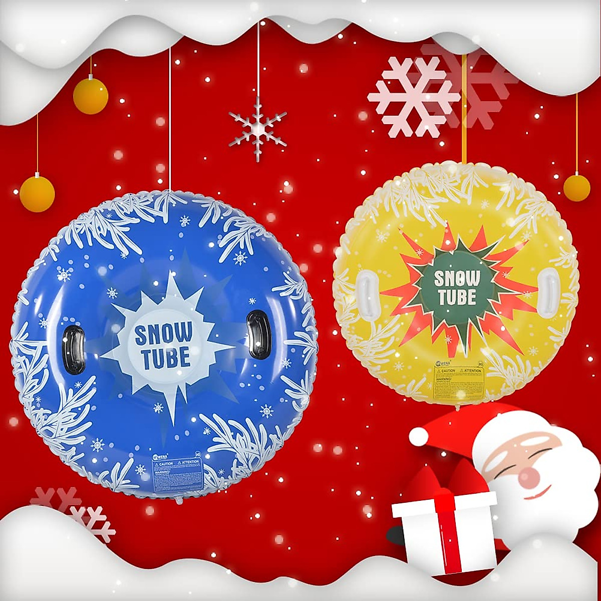 HIWENA Snow Tubes, Inflatable Snow Tubes for Family with 2 Higher Handles, Heavy Duty Snow Sled for Adults, and Snow Toy for Kids, 48 and 37 Inch Snowflake Snow Tubes (2 Pack)