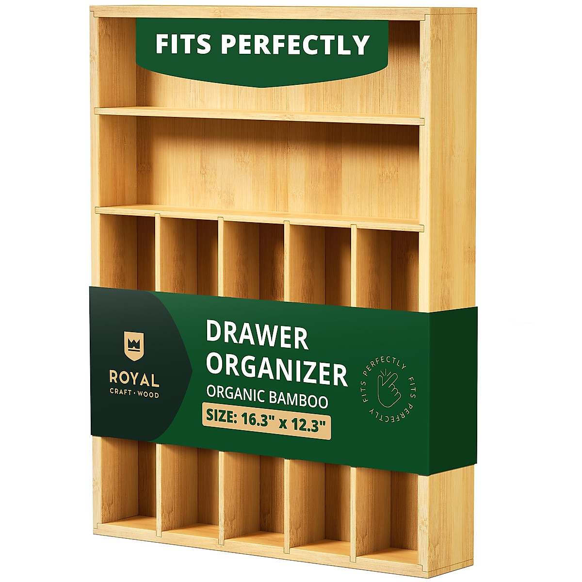 ROYAL CRAFT WOOD Luxury Bamboo Kitchen Drawer Organizer - Silverware Organizer and Cutlery Tray with Grooved Drawer Dividers for Flatware and Kitchen Utensils (7 Slot, Natural)