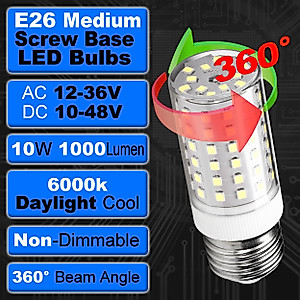 Hylroe 12 Volt 24V Low Voltage E26 Medium Screw Base LED Bulbs 6000K Daylight White 10W Equivalent 100 Watt Bulb AC12-36V/DC10-48V for RV Camper Landscape Off Grid Solar Lighting,1000lm,3 Pack