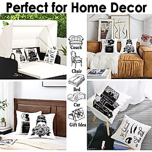 HSINYA Set of 4 18x18 Couch Bed Decorative Pillow Covers Black White Throw Pillow Covers Fashion Girls Bling Perfume Eyelashes High Heels Sayings Gray Flowers Cute Accent Pillow Covers (Black White)