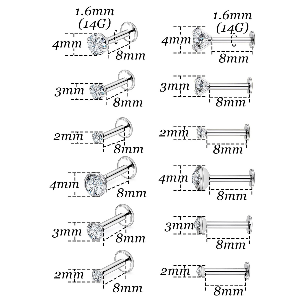Vsnnsns 14G Lip Rings Stainless Steel Labret Jewelry Monroe Lip Rings Nail Cartilage Tragus Helix Earrings Studs Piercing Jewelry Medusa Piercing Jewelry for Women Men 14 Gauge Earrings 8mm Silver