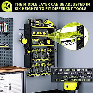 KAFAHOM Power Tool Organizer, Large 8 Drill Holder Wall Mount with 2 Side Pegboards,5 Layer Heavy Duty Metal Tool Storage Rack, Tool Shelf for Garage Organization, Utility Battery Shelves - Green