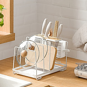 Poeland Multifunctional Kitchen Pantry Organizer Rack, Knife Holder, Countertop Kitchenware Rack, Pot Lid Holder