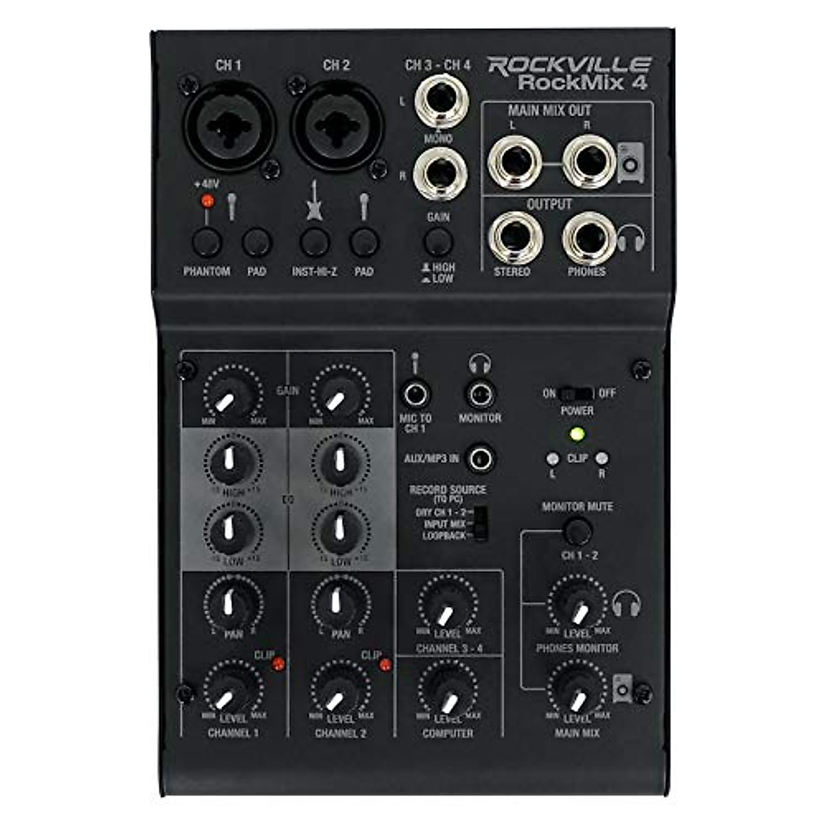 Rockville RockMix 4 Channel Mic/Instrument Pro Recording Mixer+USB Interface/EQ