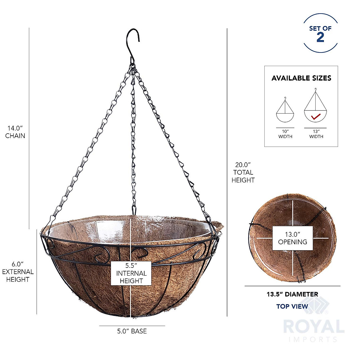 Royal Imports Metal Hanging Planter Flower Basket with Coco Coir Liners 13" Round Wire Outdoor Porch Balcony Garden Décor, Set of 2