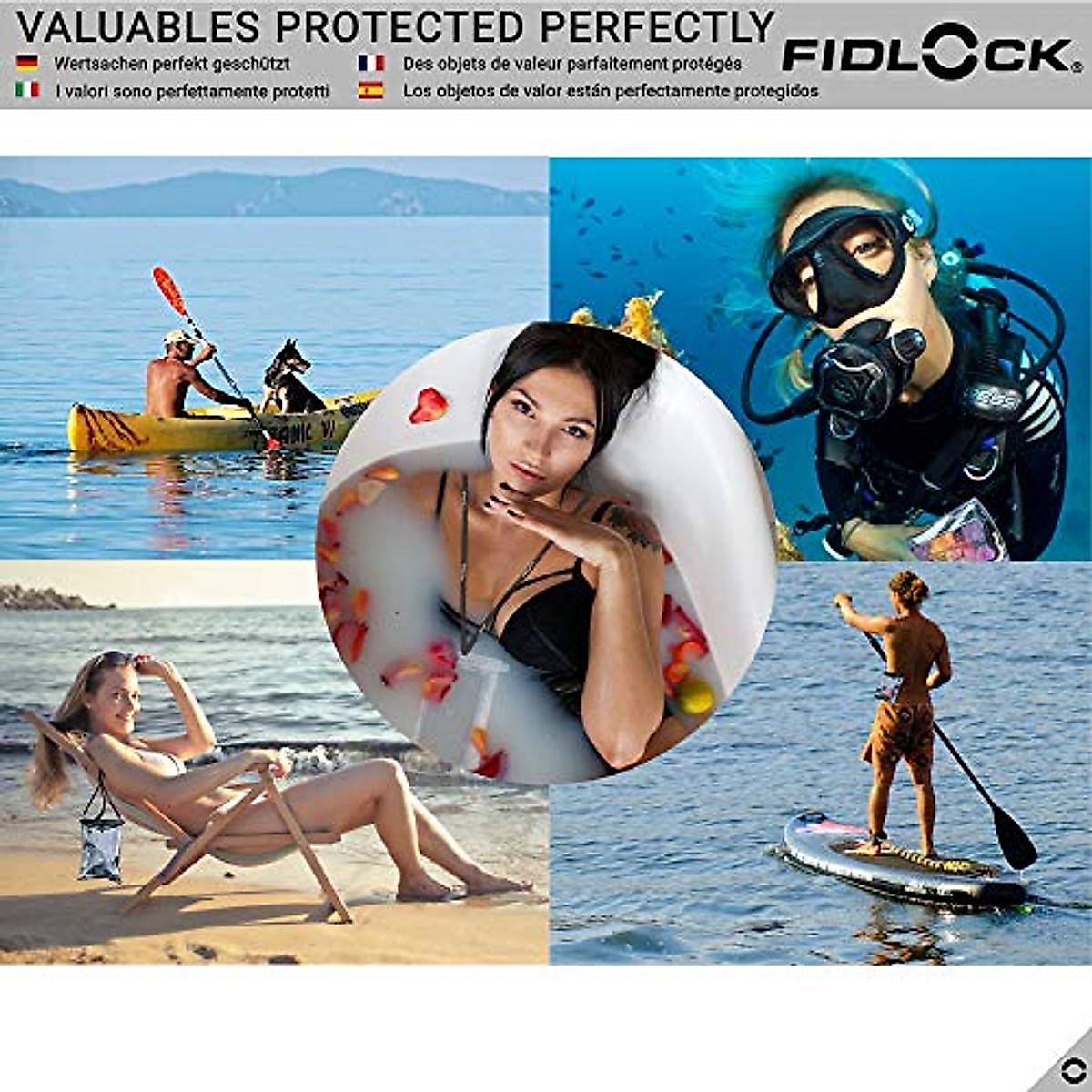 FIDLOCK Hermetic Dry Bag Medi - Flexible Magnetic Self-Sealing Bag for Cellphone | 100% Waterproof and Sand Proof - Practical Size with a Large Opening, with Lanyard included - Transparent