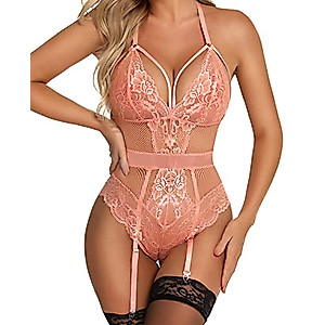 Donnalla Women Lingerie Sets with Garter Belt Sexy Garter Lingerie Lace Bodysuit One Piece Exotic Teddy (No Stockings) (Light Pink XX-Large)