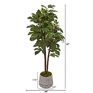 Nearly Natural 47in. Fig Artificial Tree in Stoneware Vase with Gold Trimming