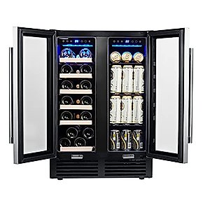 24'' Wine and Beverage Cooler Refrigerator-Dual Zone Built-in or Freestanding Fridge with Stainless Steel Tempered Double Glass Door and Temperature Memory Function Holds 19 Wine Bottles &57 Csans