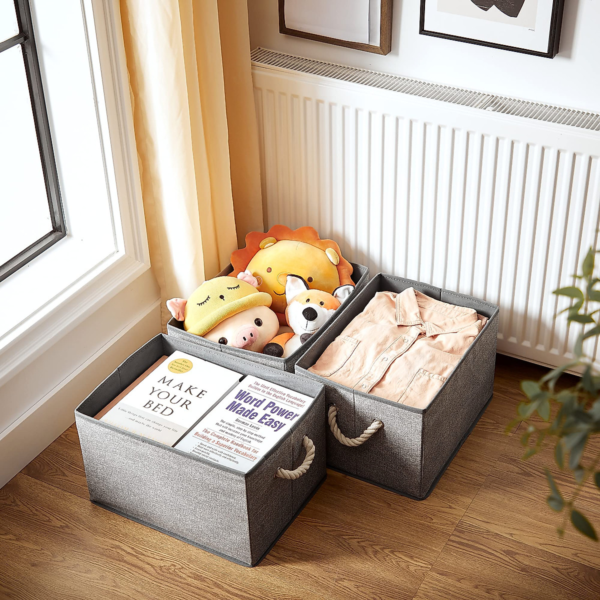 SONGMICS Fabric Storage Boxes, Set of 3 Storage Cubes, Foldable Baskets with Handles, 15.7 x 11.8 x 9.8 Inches, Toy Storage, Linen Pattern, Gray URFB013G01