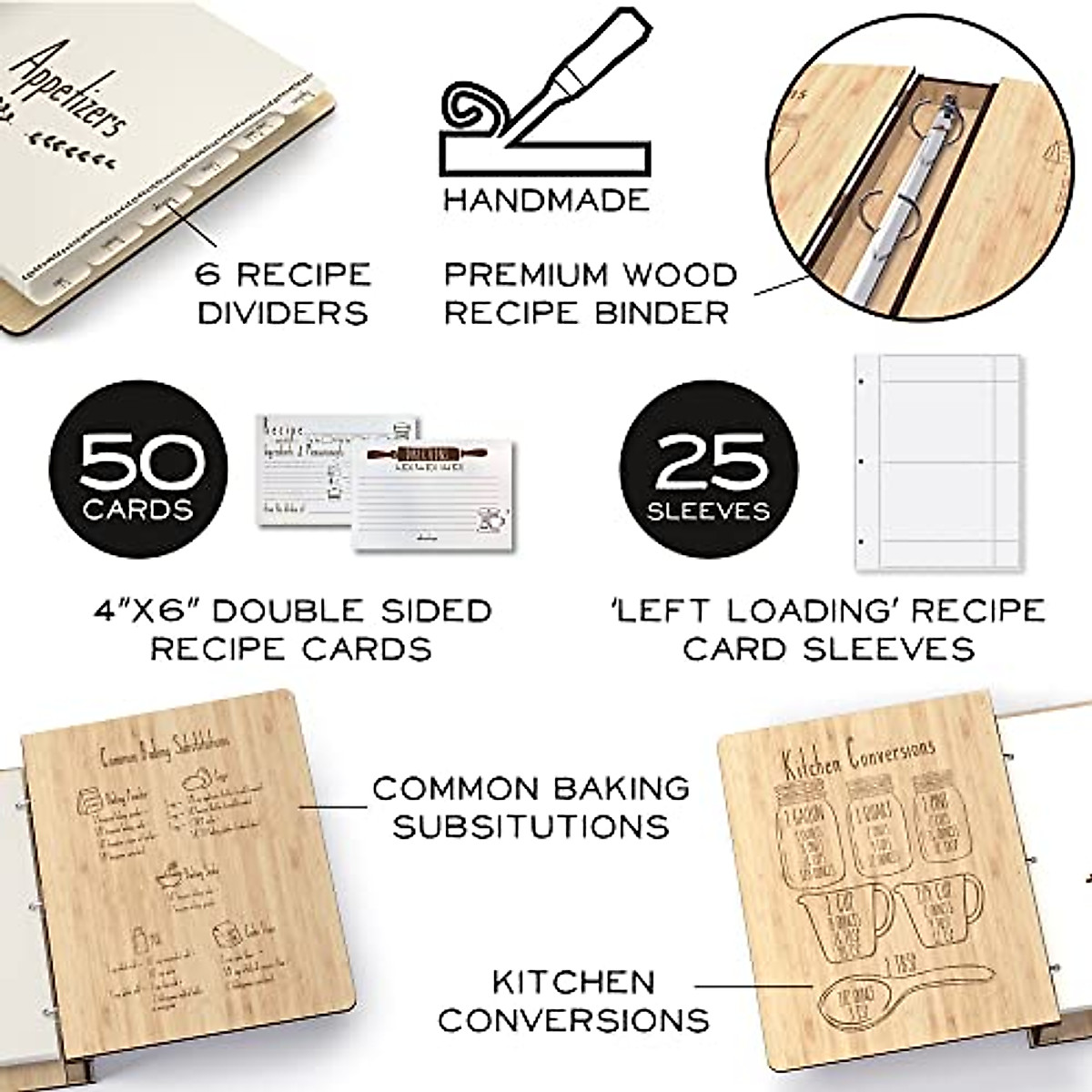 Bamboo Recipe Book Binder (3 Ring) - Includes 25 Plastic (8.5" x 11") Left Loading Sleeves (Holds 50 Recipe Cards) - 50 (4"x6") Double Sided Recipe Cards - 6 Index/Recipe Dividers