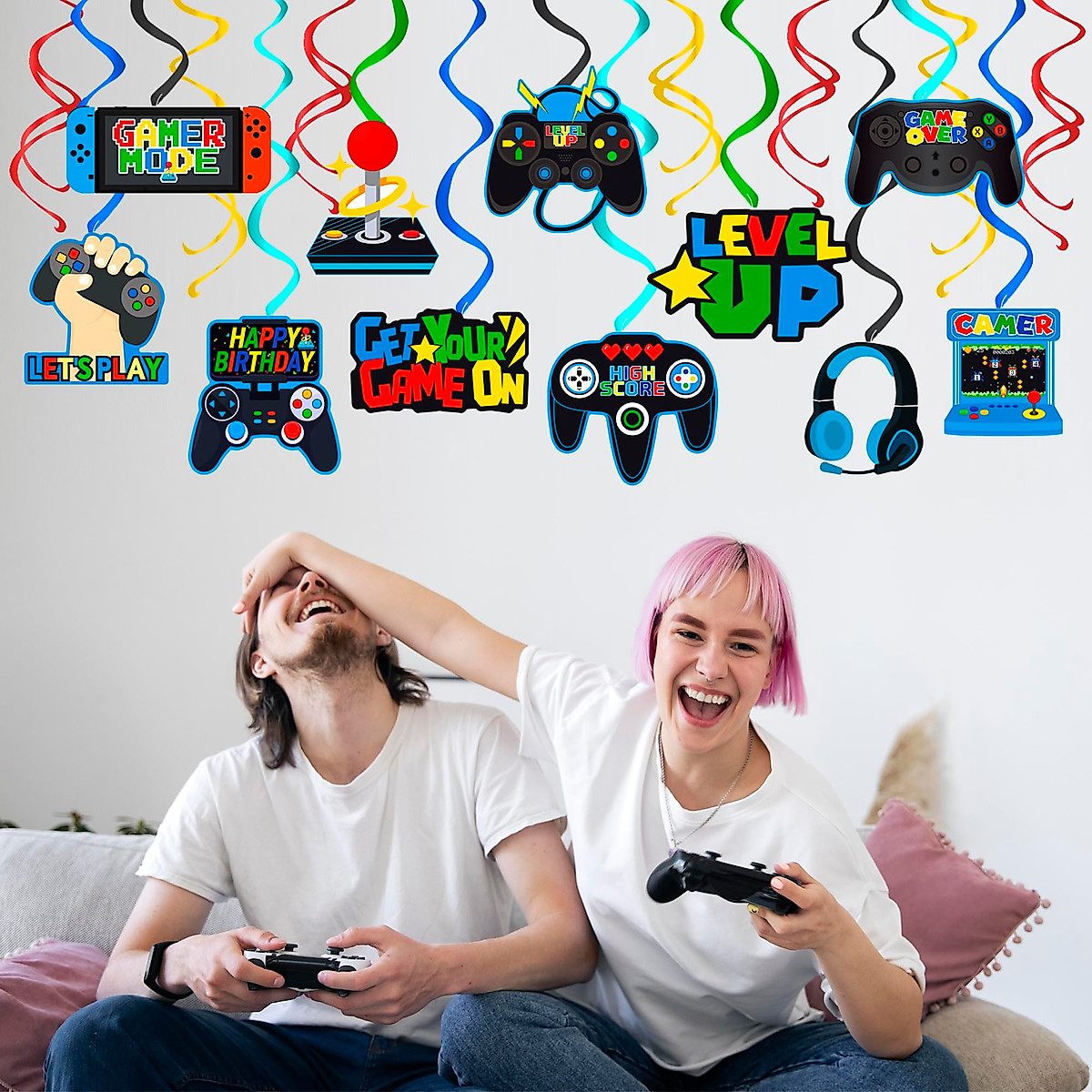 20pcs Video Game Hanging Swirls Video Game Party Decorations Game On Theme Birthday Foil Ceiling Streamers for Kids Boys Gamer Theme Birthday Party Baby Shower Supplies Decorations