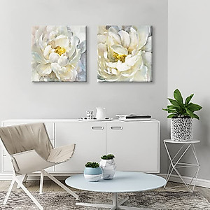 SEVEN WALL ARTS Flower Canvas Wall Art Peony Floral Pictures Set Abstract White and Yellow Blossom Paintings for Bedroom Bathroom Kitchen Office Living Room Wall Decor 24"x24"x2pcs