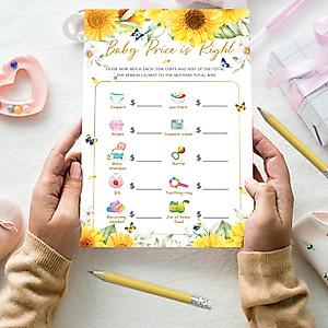 145 Pieces Sunflower Baby Girl Shower Game Set 5 Games 25 Sheets of Each with 20 Pencils Floral Baby Shower Games & Activities for Girl Includes Baby Descriptions and Wishes, Guess Who, Bingo Game