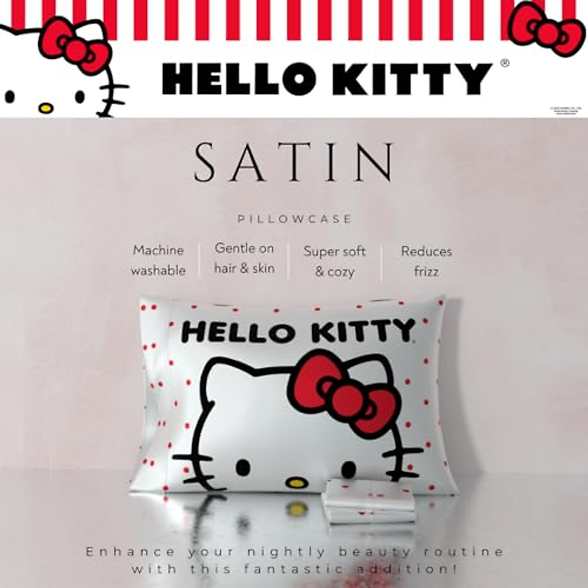 Hello Kitty Beauty Standard Beauty Silky Satin Standard Pillowcase Cover 20x30 for Hair and Skin, (Officially Licensed Product)