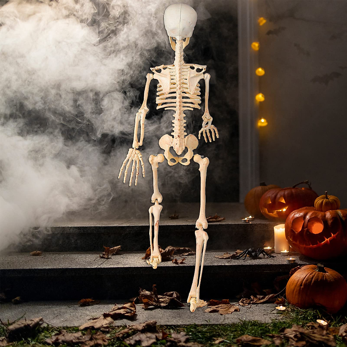 36" Skeleton Halloween Decor, 3FT Posable Halloween Skeleton Decorations for Haunted Houses, Front Lawn, Graveyard Props, Trunk or Treat, Full Body Lifelike Skeleton Model