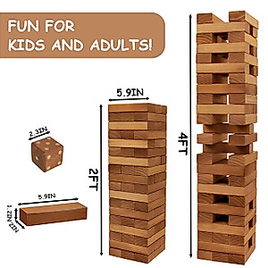 Juegoal 54 Pieces Giant Tumble Tower Blocks Game Giant Wood Stacking Game with 1 Dice Set, Gameboard, Canvas Bag for Adult, Kids, Family, Brown
