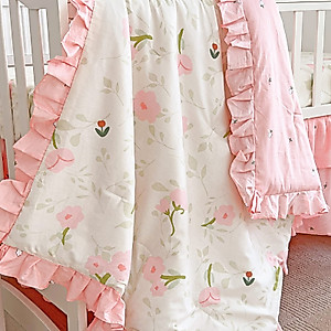 Cotton Ruffle Crib Bedding Set 3 pc Flowers Quilted Comforter with Fitted Sheet and Bed Skirt - Light Pink Flowers and Green Spray - Cute Ruffled Shabby Chic Floral Crib Set Soft Blanket for Girls
